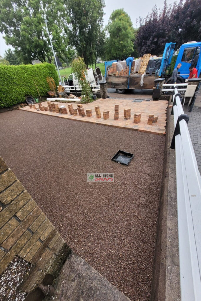 Driveway with Multicoloured Rustic Bricks and Charcoal Brick Border in ...