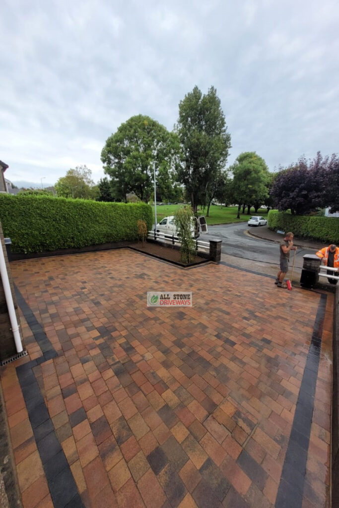Driveway with Multicoloured Rustic Bricks and Charcoal Brick Border in ...